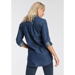 Arizona Damen Jeansbluse "Krempel&auml;rmel mit Riegel", blau, Basic, Gr. 50, Web, Obermaterial: 100% Baumwolle, Blusen, im Tunikastil