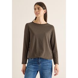 Langarmshirt Cecil, Damen, Gr. L (42), chocolate mousse, Web, 80% Baumwolle, 20% Polyester, gestreift, normal normal, U-Boot-Ausschnitt, abgesteppt, Shirts, im soften Baumwoll-Mix