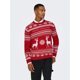Only & Sons ONLY & SONS Herren Rundhalspullover "ONSXMAS REG 5 JAQ CREW KNIT", rot, Gr. XL, gemustert, Strick, Obermaterial: 100% Baumwolle, Pullover