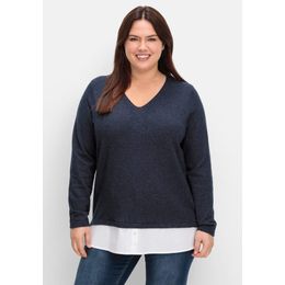 sheego Damen V-Ausschnitt-Pullover "Strickpullover", blau, Gr. 44, unifarben, 50% Viskose, 26% Polyamid, 24% Polyester, Pullover