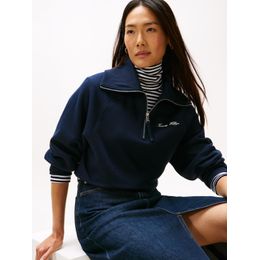 Tommy Hilfiger Damen Sweatshirt "CLASSIC SCRIPT FLEECE HALF-ZIP", blau, Gr. XXXL, unifarben, Sweatware, Obermaterial: 77% Baumwolle, 23% Polyester,