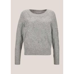 Madeleine Mode MADELEINE Damen Longpullover "Strickpullover Rundhals-Wollpullover mit Kordelstickerei", silber, Gr. 44, Obermaterial: 100% Schurwolle WV., Pullover