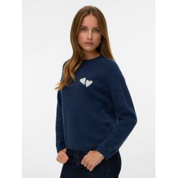 Véro Moda VERO MODA Damen Strickpullover "VMBAM LS O-NECK PULLOVER BOO ENT", blau, Gr. M, meliert, unifarben mit Farbeinsatz, Strick, Obermaterial: 79%