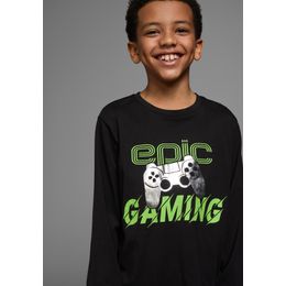Kidsworld Jungen Langarmshirt "Folienprint: EPIC GAMING", schwarz, Basic, Gr. 128, bedruckt, Jersey, Obermaterial: 100% Baumwolle, Shirts,