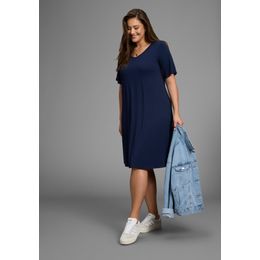 Damen Jerseykleidnavy, Basic, Gr. 48, LAURA SCOTT CURVE, unifarben, Jersey, Obermaterial: 95% Viskose, 5% Elasthan, Kleider, in leicht ausgestellter,