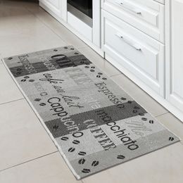 K&uuml;chenl&auml;ufer ANDIAMO, B:50cm H:5mm L:150cm, grau, Kunstfaser, Teppiche, "ARIZONA 1", Flachgewebe, Motiv Kaffee, mit Schriftzug, In- und Outdoor