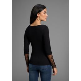 Melrose Damen Langarmshirt, schwarz, Gr. 36, unifarben, Jersey, Obermaterial: 95% Viskose, 5% Elasthan. Spitze: 100% Polyester, Shirts, taillierte