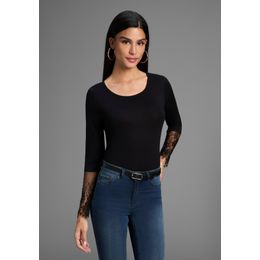 Melrose Damen Langarmshirt, schwarz, Gr. 42, unifarben, Jersey, Obermaterial: 95% Viskose, 5% Elasthan. Spitze: 100% Polyester, Shirts, taillierte