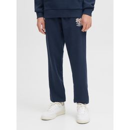 Jack & Jones Jungen Sweathose "JPSTELOGO SWEATPANTS 2COL 25/26 NOOS JNR", blau, Gr. 140, JACK & JONES JUNIOR, bedruckt, angeraute Sweatware, Obermaterial: 70%
