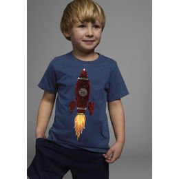 Kidsworld Jungen T-Shirt "Mit Rakete aus Wendepailletten", blau, Gr. 140, bedruckt, Single Jersey, Obermaterial: 100% Baumwolle, Shirts, Kurzarm,