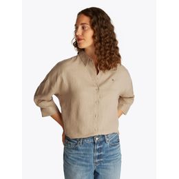 Tommy Hilfiger Damen 3/4-Arm-Shirt "ESS LINEN LOOSE 3-4 SLEEVE SHIRT", braun, Gr. 34, gestreift, Web, Obermaterial: 100% Leinen, Shirts, mit