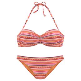 Lascana Damen B&uuml;gel-Bandeau-Bikini, orange, Gr. 44, Glanzfaden, gestreift, strukturiert, Polyamid, Bikini-Sets, mit goldfarbenen Glitzerstreifen