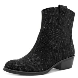 Marco Tozzi Damen Stiefelette, Gr. 38, schwarz, Textil, schimmernd, unifarben, Schuhe, Blockabsatz, Westernboots mit funkelenden Strasssteinen besetzt