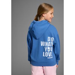 Kangaroos M&auml;dchen Kapuzensweatshirt "Hoodie mit R&uuml;ckenprint", blau, Gr. 128, bedruckt, angeraute Sweatware, Obermaterial: 100% Baumwolle.