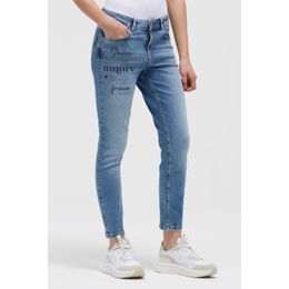 SOCCX Damen Slim-fit-Jeans, blau, Gr. 28, bedruckt, Material: 99% Baumwolle, 1% Elasthan, Zusatz: Enthält nichttextile Teile tierischen Ursprungs
