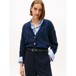 Tommy Hilfiger Damen Strickjacke "SOFT WOOL CABLE CARDIGAN", blau, Gr. M, unifarben, Strick, Obermaterial: 100% Wolle, Strickjacken, mit Zopfmuster,