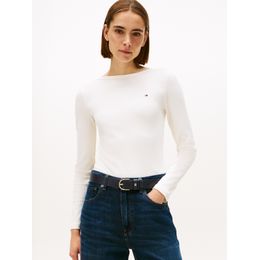 Tommy Hilfiger Damen Langarmshirt "SLIM 5X2 RIB BOAT-NK LS mit U-Boot Ausschnitt und Rippstruktur", beige, Gr. L, unifarben, Single Jersey,