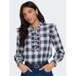 Only Damen Langarmbluse "ONLFIGA L/S FLOUNCE TOP WVN", blau, Gr. S, kariert, Web, Obermaterial: 100% Baumwolle, Blusen