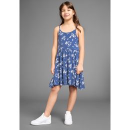 Kidsworld M&auml;dchen Jerseykleid "Tr&auml;gerkleid, sommerlich mit verstellbaren Tr&auml;gern", blau, Gr. 128, bedruckt, gebl&uuml;mt, Jersey, Obermaterial: 95%