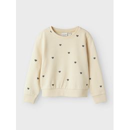 name it M&auml;dchen Sweatshirt "NMFVALBA &ndash; Sweater mit Herzchen-Alloverdruck und Rippb&uuml;ndchen", beige, Gr. 122, bedruckt, Sweatware, Obermaterial: 100%