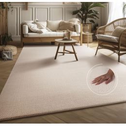 Teppich my home, B:60cm H:16mm L:100cm, beige, Polyester, Wohnzimmer, Teppiche, "Ciney", Kurzflor, Hoch-Tief Effekt, Uni Farben, Scandi Design,