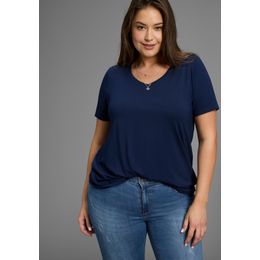 Damen T-Shirt, blau, Basic, Gr. 40, LAURA SCOTT CURVE, unifarben, Jersey, Obermaterial: 94% Viskose, 6% Elasthan, Shirts, mit V-Ausschnitt aus