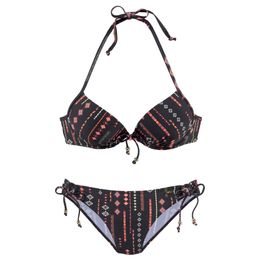 Buffalo Damen Push-Up-Bikini, schwarz, Gr. 40, bedruckt, Polyamid, Bikini-Sets, mit Zierperlen