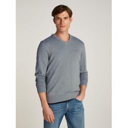 Tommy Hilfiger Herren Strickpullover "ESSENTIAL COTTON V NECK mit V-Ausschnitt und Stickerei", grau, Gr. XXXL, meliert, Strick, Obermaterial: 100%