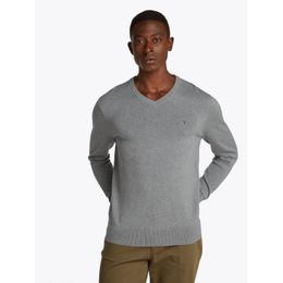 Tommy Hilfiger Herren Strickpullover "ESSENTIAL COTTON V NECK mit V-Ausschnitt und Stickerei", grau, Gr. M, meliert, Strick, Obermaterial: 100%