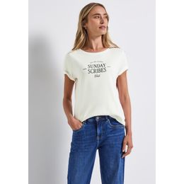 T-Shirt Street One, Damen, Gr. 34, wei&szlig; (sanftes wei&szlig;), Stoff, 50% Modal, 50% Baumwolle, bedruckt, normal normal, Rundhals, abgesteppt, Shirts T-Shirt, mit Wording-Print