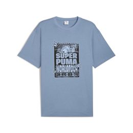 Puma Damen T-Shirt "Graphic SUPER Puma World Tour Relaxed T-Shirt Herren"cool blau, Gr. L, bedruckt, 100% Baumwolle, Shirts