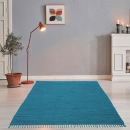 Teppich Theko, B:60cm H:5mm L:120cm, blau, Baumwolle, Wohnzimmer, Teppiche, "Happy Cotton Fleckerl, handgewebt", Flachgewebe, reine Baumwolle,