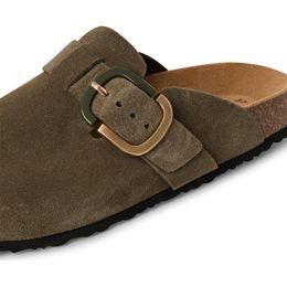 Tamaris Damen Clog, Gr. 41, gr&uuml;n, Veloursleder, unifarben, Schuhe, Hausschuh, Schupfschuh, Bequemschuh mit verstellbarer Schnalle