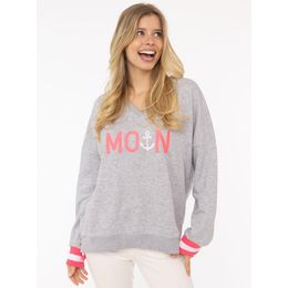 Zwillingsherz Damen Sweatshirt, grau, Gr. SM, unifarben, Sweatware, Obermaterial: 50% Baumwolle, 50% Polyester, Sweatshirts, V-Ausschnitt, Langarm,