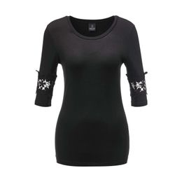 Madeleine Mode MADELEINE Damen Kurzarmshirt "Shirt Sommerliches Shirt mit Spitzendetail", schwarz, Modern, Gr. 34, Obermaterial: 95% Viskose CV. 5% Elasthan EL.,