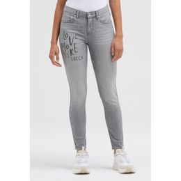 SOCCX Damen Slim-fit-Jeans, grau, Gr. 28, bedruckt, Denim/Jeans, Material: 78% Baumwolle, 20% Polyester, 2% Elasthan, Zusatz: Enth&auml;lt nichttextile
