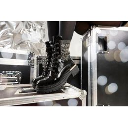 Rieker Damen Schn&uuml;rboots, Gr. 36, gold, Lacklederimitat, Textil, Glanzfaden, Schuhe, Stiefelette, Blockabsatz, mit Textileinsatz am Schaft