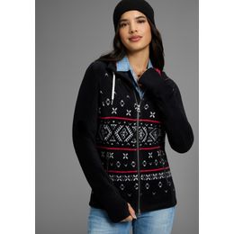 Kangaroos Damen Fleecejacke, schwarz, Gr. 40, bedruckt, ethno, gemustert, kontrastfarbene Details, mehrfarbig, unifarben mit Farbeinsatz, Fleece,