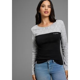 Kangaroos Damen Langarmshirt, grau, Gr. 36, gemustert, Rippware, Obermaterial: 90% Baumwolle, 10% Viskose, Shirts, mit Print