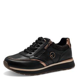 Tamaris Damen Plateausneaker, Gr. 40, schwarz, Leder, Lederimitat, Textil, gl&auml;nzend, unifarben mit Farbeinsatz, Schuhe, Schn&uuml;rschuh, Halbschuh,