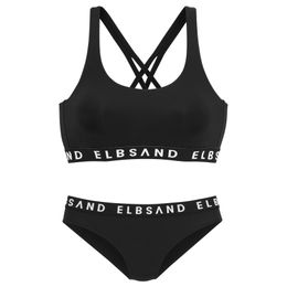 ELBSAND Damen Bustier-Bikini, schwarz, Gr. 32, unifarben mit Farbeinsatz, Microfaser, Bikini-Sets, mit kontrastfarbenen Schriftz&uuml;gen
