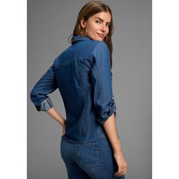 Arizona Damen Jeansbluse "mit Druckkn&ouml;pfen in Perlmuttoptik", blau, Basic, Gr. 36, Jeans, Obermaterial: 100% Baumwolle, Blusen, und Krempel&auml;rmeln