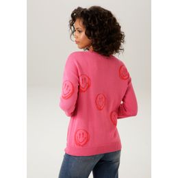 Aniston CASUAL Damen Strickpullover, pink, Gr. 34, gemustert, Feinstrick, Obermaterial: 100% Baumwolle, Pullover, mit eingestrickten Smileys