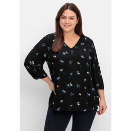sheego Damen Longbluse, schwarz, Gr. 42, gebl&uuml;mt, gemustert, mehrfarbig, 100% Viskose, Blusen