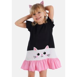 DENOKIDS Mädchen Shirtkleid "Frilled Cat", schwarz, Gr. 92, bedruckt, Jersey, 95% Baumwolle;5% Elasthan, Kleider, mit Katzen-Print