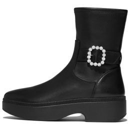 fitflop Damen Plateaustiefelette "F-LUMA CRYSTAL", Gr. 36, schwarz, Leder, Lederimitat, Schuhe, Boots, Chunky Boot mit Plateausohle