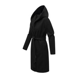 Marikoo Damen Kurzmantel "Kailii", schwarz, Gr. M, 90% Polyester, 10% Viskose, M&auml;ntel, Eleganter Wickel Mantel mit Tailleng&uuml;rtel und Oversized Hood
