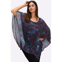 Longbluse sheego, Damen, Gr. 40, blau (tiefblau, bedruckt), 100% Polyester, bedruckt, gebl&uuml;mt, gemustert, mehrfarbig, Rundhals, Blusen Longbluse