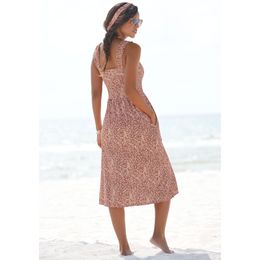 Damen Jerseykleid "mit Taschen, kniebedeckendes Sommerkleid aus Viskose mit Bl&auml;tterdruck", rot, Gr. 38, BEACHTIME BY LASCANA, bedruckt, Jersey,