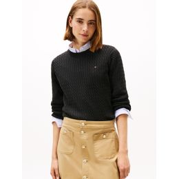 Tommy Hilfiger Damen Rundhalspullover "CO CABLE C-NK LS SWEATER", schwarz, Gr. XS, unifarben, Strick, Obermaterial: 100% Baumwolle, Pullover,